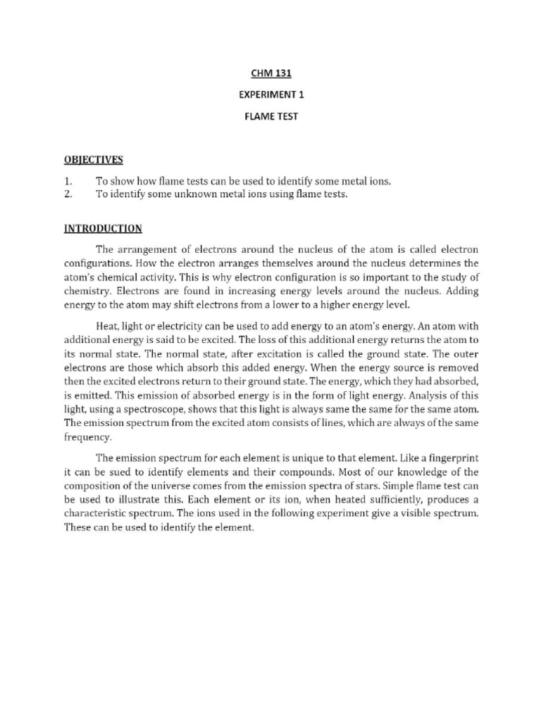 Experiment 1. Flame Test. | PDF