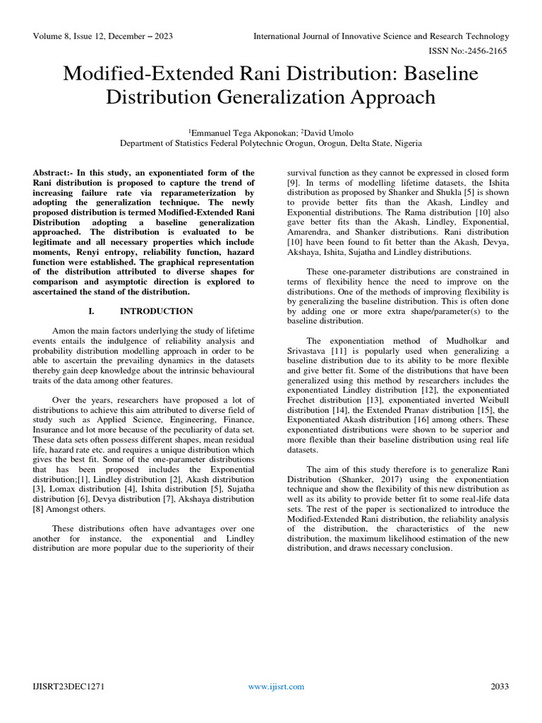 Modified Extended Rani Distribution Baseline Distribution Generalization Approach Pdf