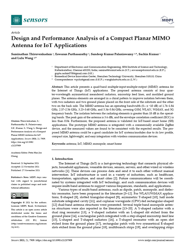 Design And Performance Analysis Of A Compact Planar Mimo Antenna For Iot Applications Pdf