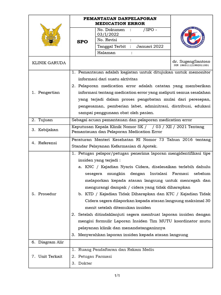 Sop Pemantauan Dan Pelaporan Medication Error | PDF