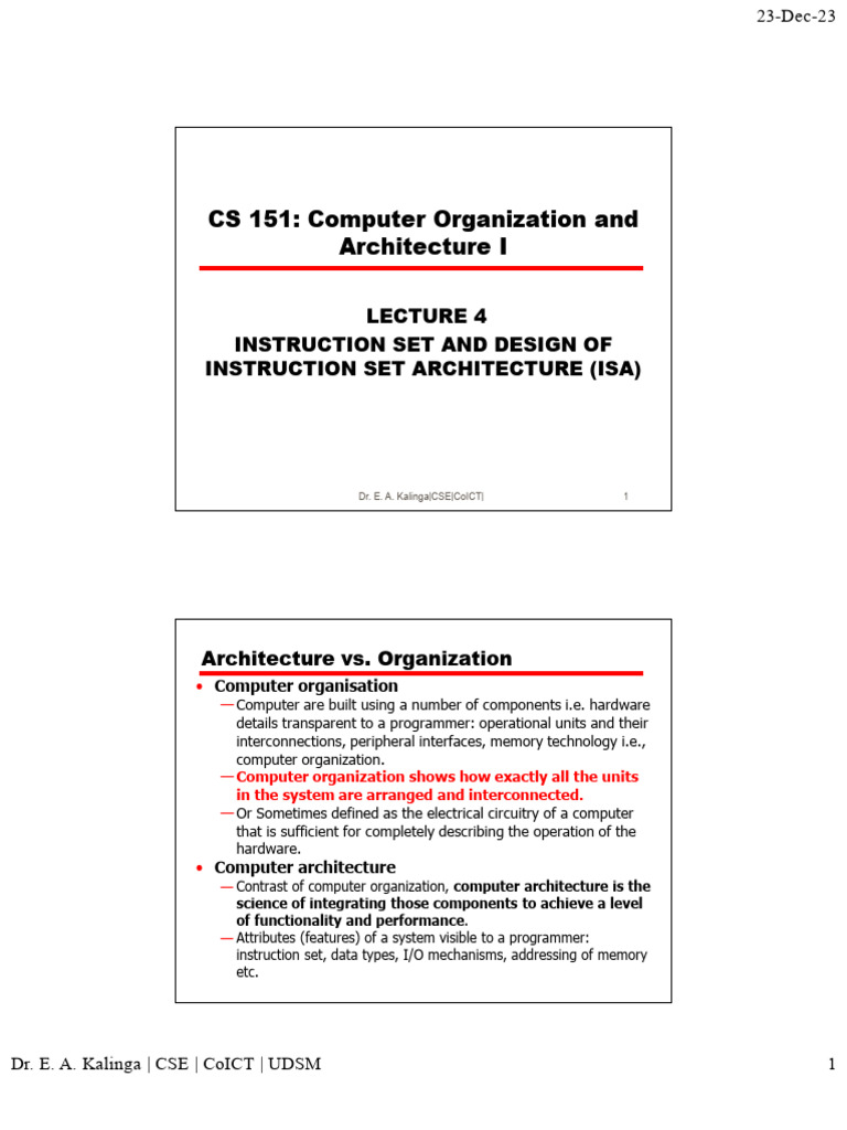 Lecture 4a Instruction Set Architecture PDF | PDF
