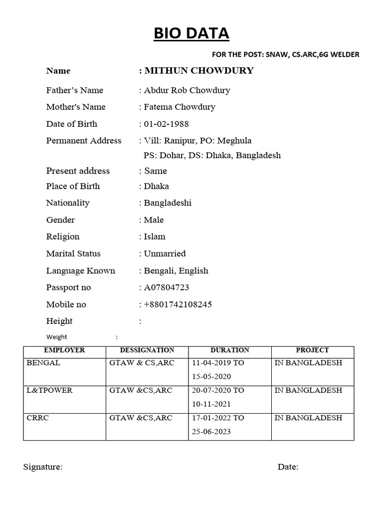 BIO DATA Mithun | PDF