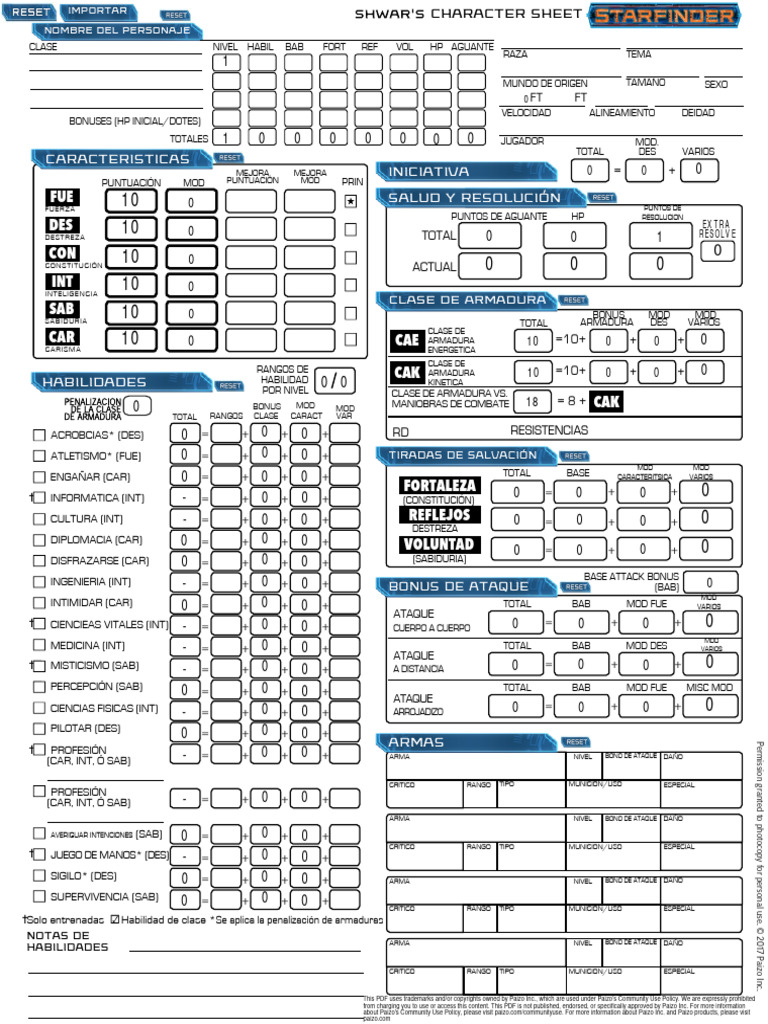 Starfinder Character Sheet Español | PDF
