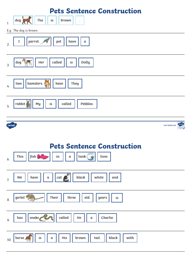 Pets Sentence Construction Activity Sheet | PDF