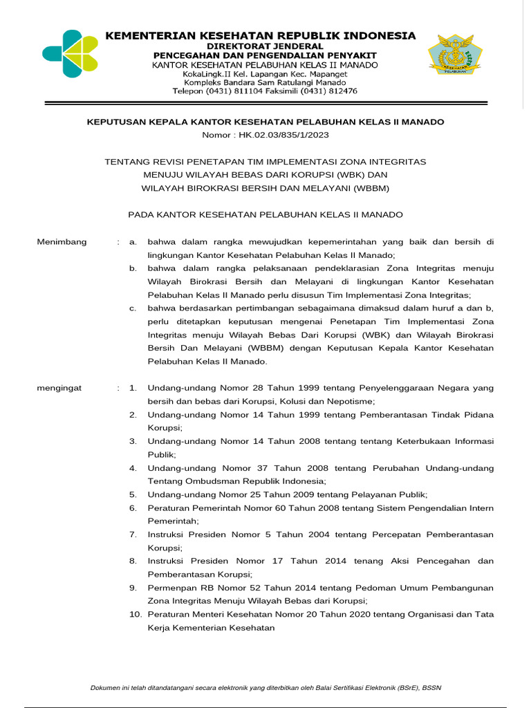 SK Tentang Revisi Penetapan Tim Implementasi Zona Integritas | PDF