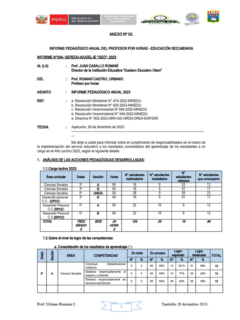 Informe Pedagógico 2023 Geo Urdyk | PDF