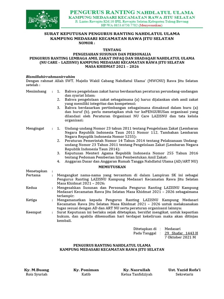 Contoh SK Oleh Ranting NU | PDF