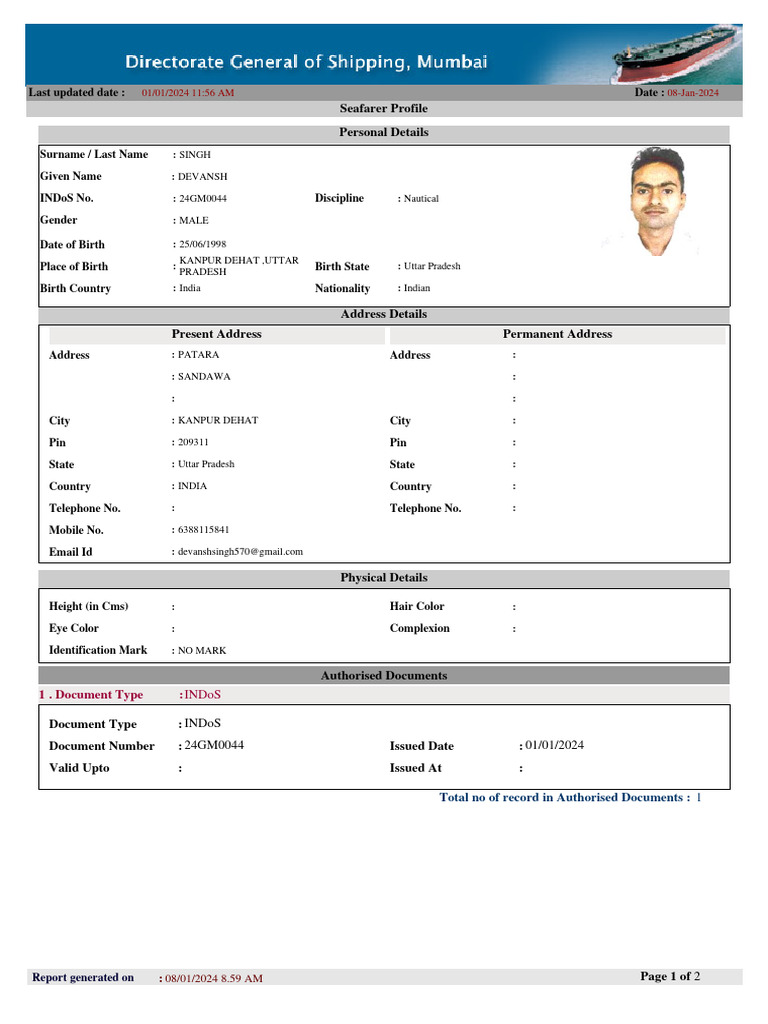Seafarer Profile Personal Details::: Devansh | PDF