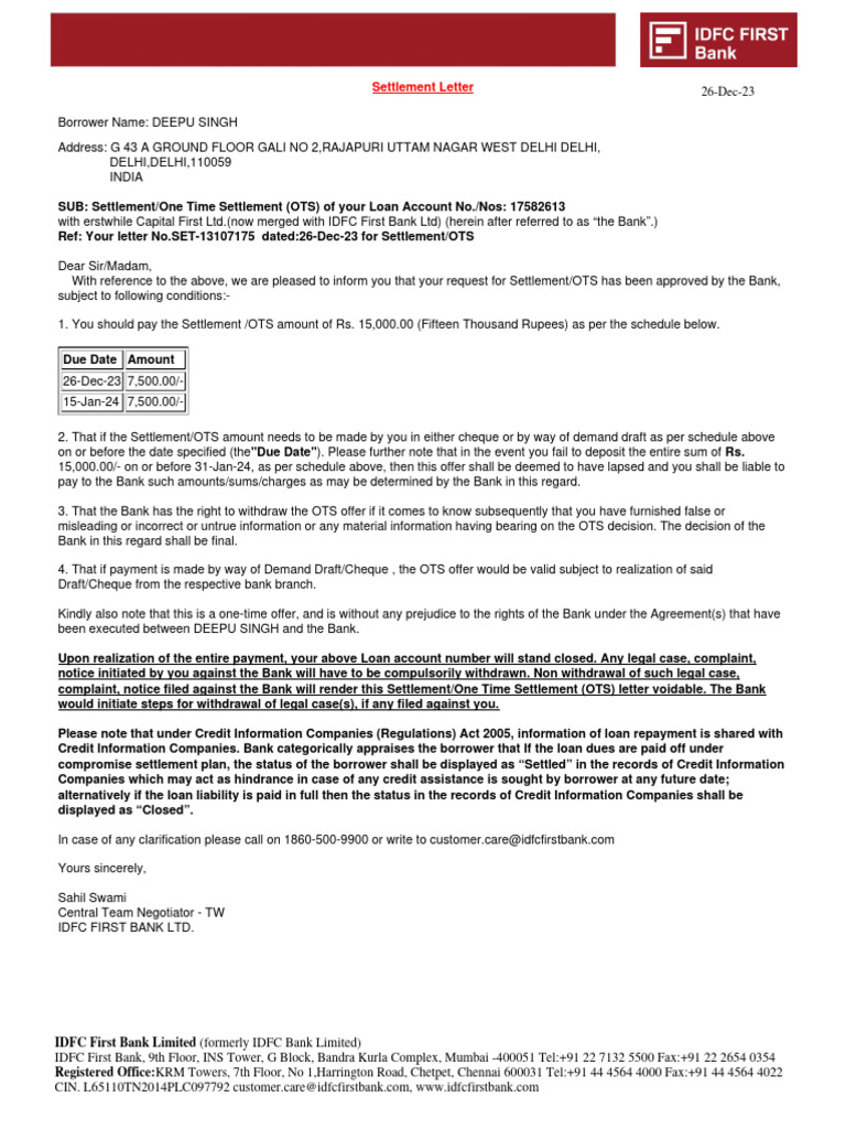IDFC First Bank Settlement Letter for Deepu Singh | PDF