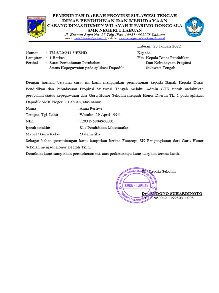 Surat Permohonan Perubahan Status Kepegawaian | PDF