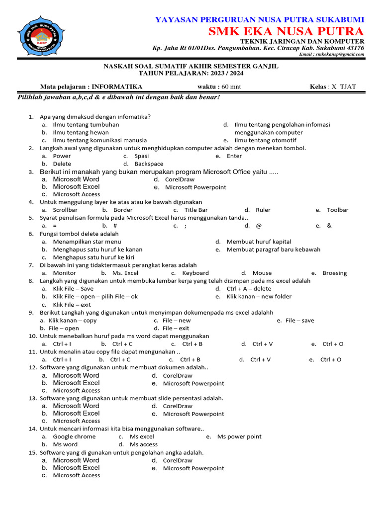 Soal Informatika SMK Eka Nusa Putra | PDF | Komputer