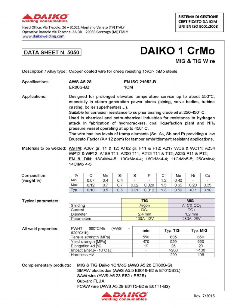 Daiko 1CrMo ER80S-B2 | PDF
