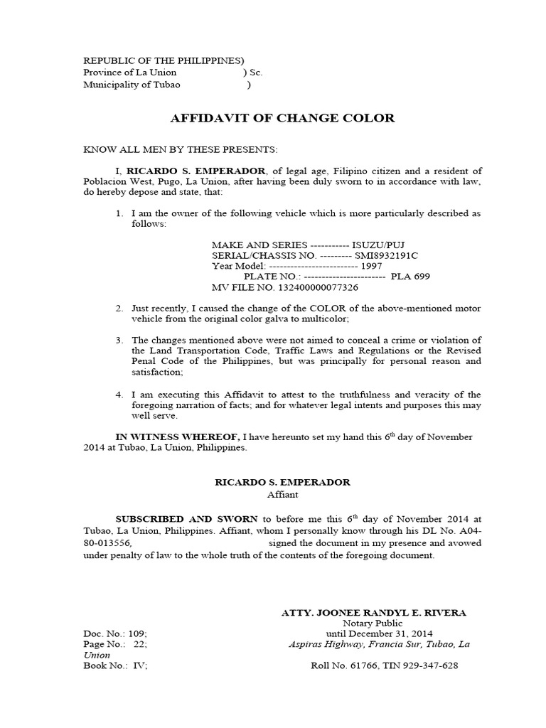 Affidavit of Change Color - Emeperador | PDF | Affidavit | Evidence