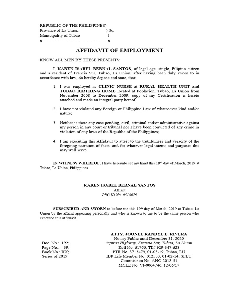 Affidavit of Employment - Karen | PDF | Politics | Social Science