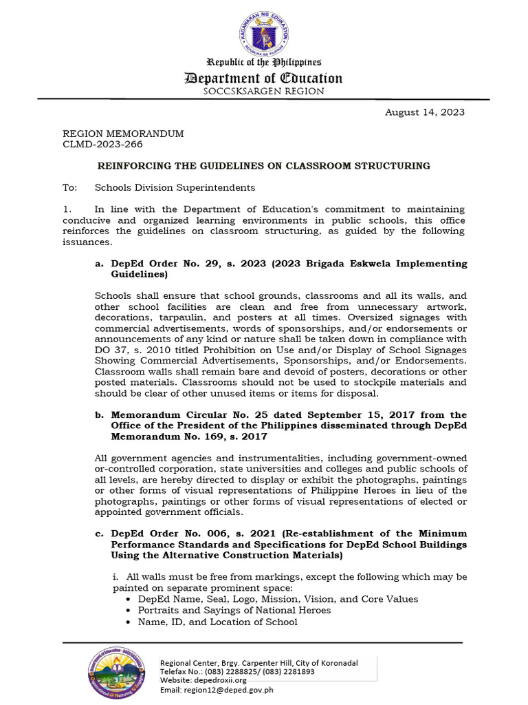Region Memorandum CLMD 2023 266 REINFORCING THE GUIDELINES ON CLASSROOM ...