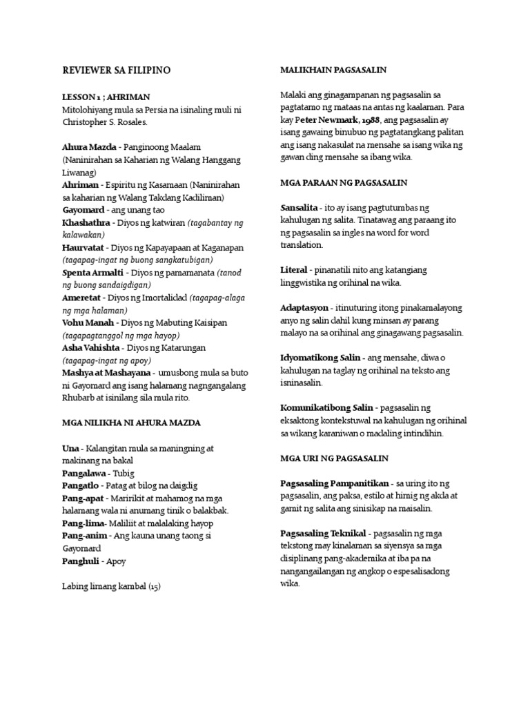 Reviewer Sa Filipino 1 | PDF