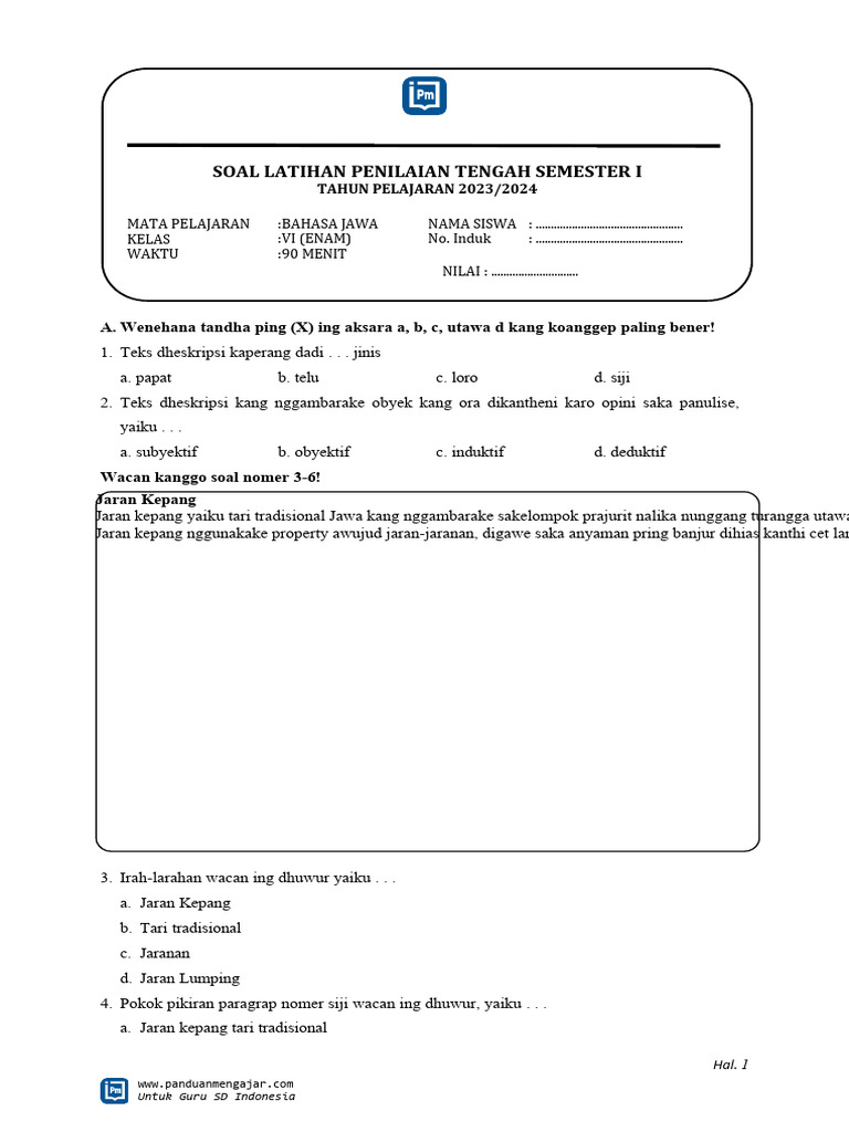 Soal PTS Bahasa Jawa Kelas 6 Semester 1 Tahun 2023-2024 | PDF