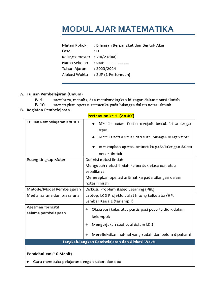 Template Modul Ajar Notasi Ilmiah | PDF