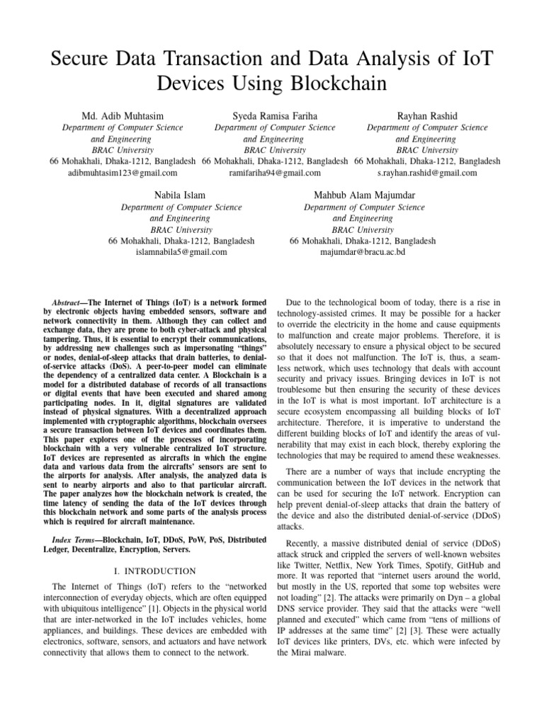 Secure Data Transaction and Data Analysis of Iot Devices Using Blockchain | PDF