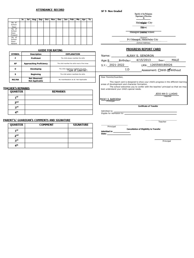 SF 9 Non-Graded | PDF
