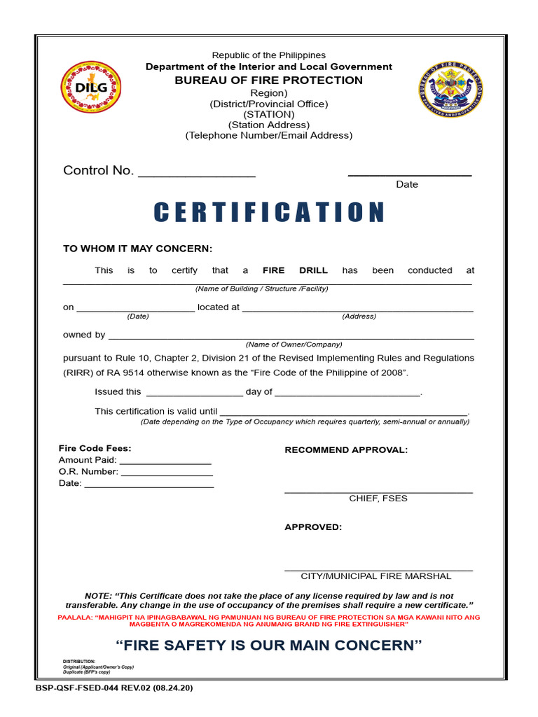 FSED 44F Certification For Fire Drill Rev02 | PDF | Fire Safety | Safety