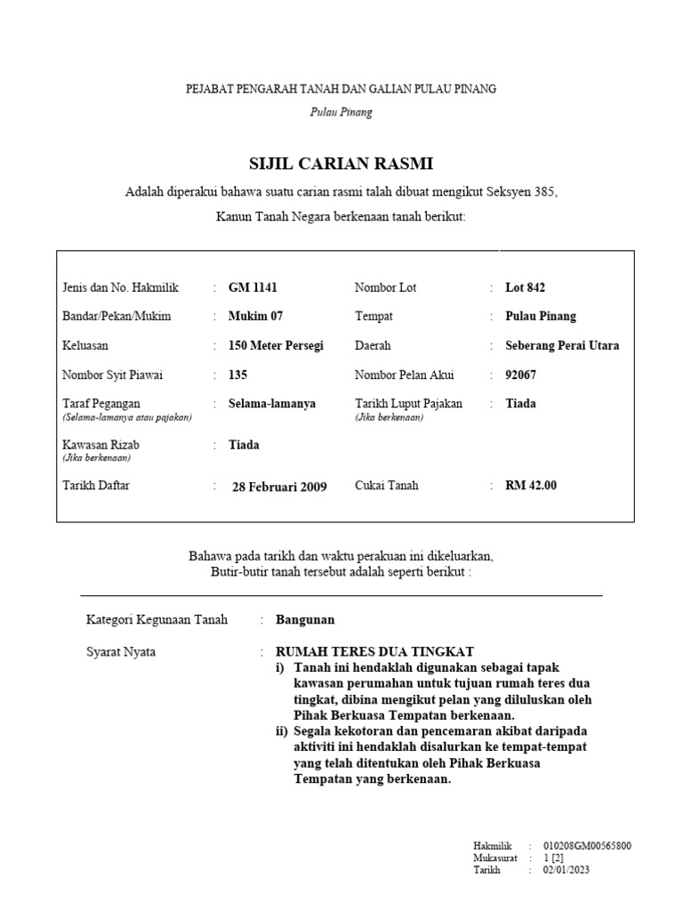 Carian Rasmi & Geran Tanah | PDF