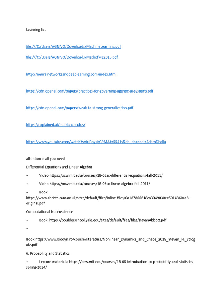 Learning List For Machine Learning and AI | PDF