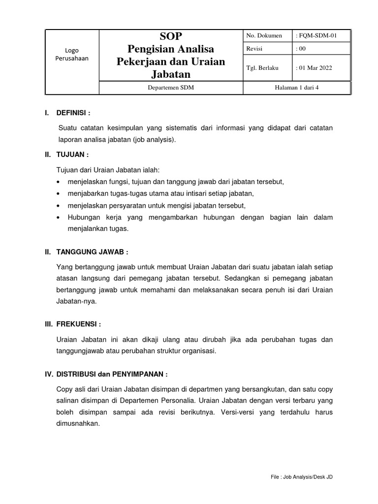 SOP Pengisian Analisa Jabatan Dan Uraian Jabatan | PDF