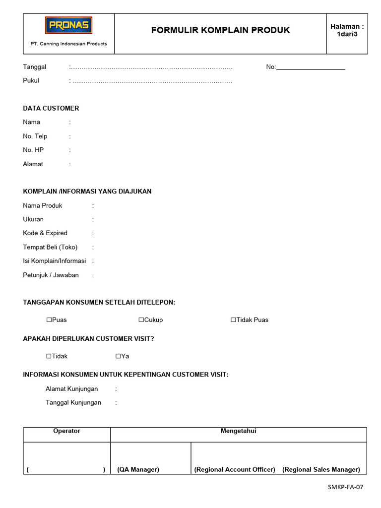 Blanko Form Komplain Produk Cip | PDF