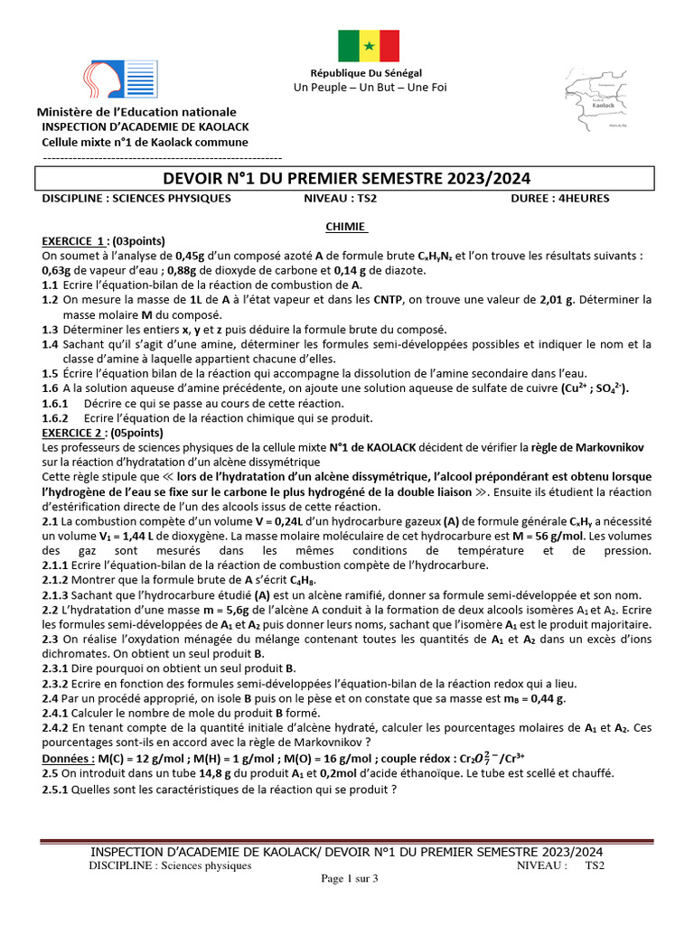 Devoir 1. TS2.2023-2024 | PDF