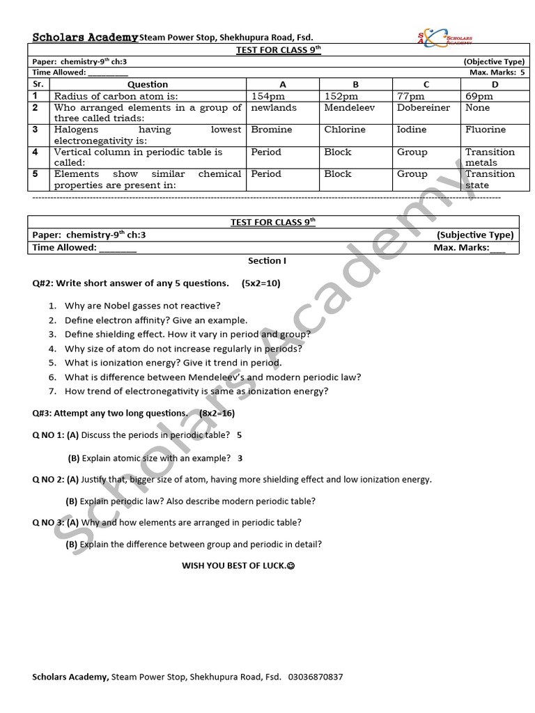 Class 9 Chemistry Chapter 3 Test | PDF | Science & Mathematics