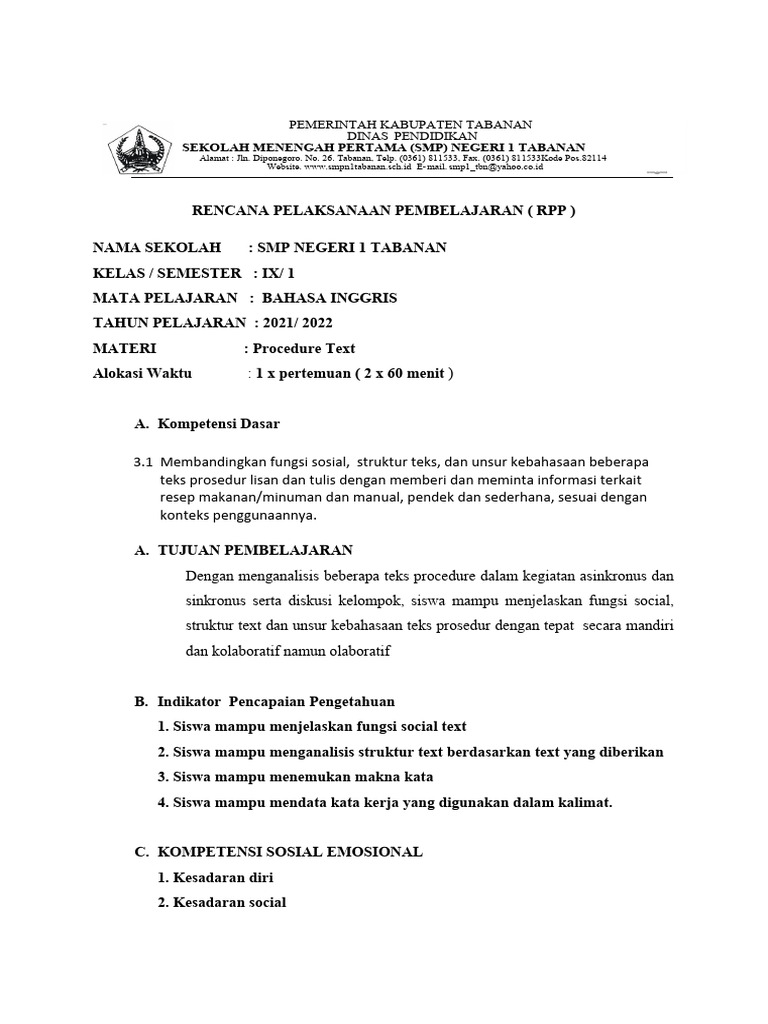 RPP Berdiferensiasi - Procedure Text | PDF