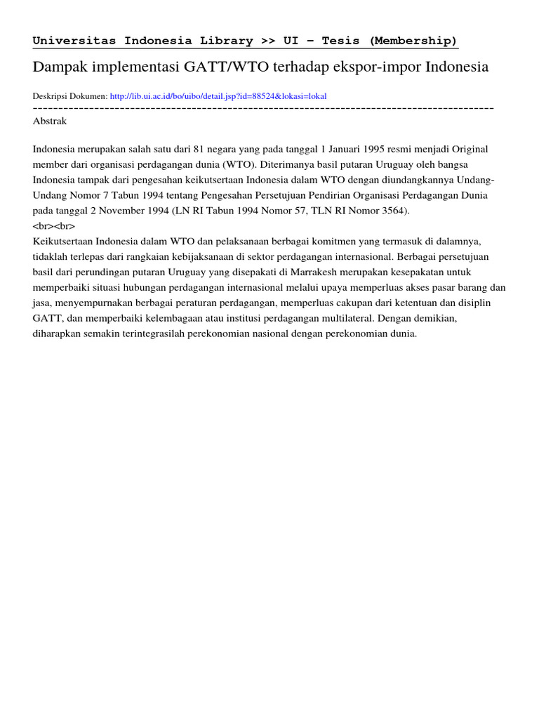 Dampak Implementasi GATT/WTO Terhadap Ekspor-Impor Indonesia | PDF