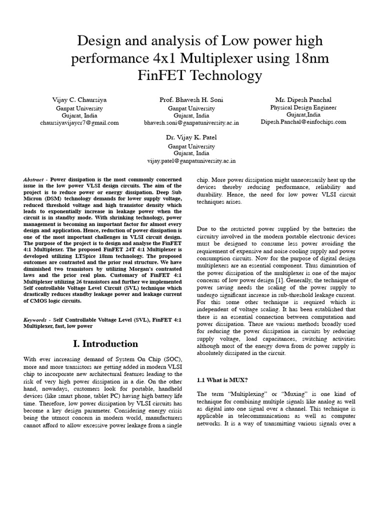 Design And Analysis Of Low Power High Performance 4x1 Multiplexer Using 18nm Finfet Technology