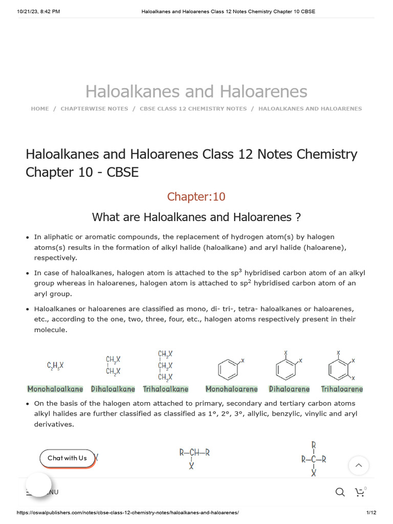 Class 12 Haloalkanes & Haloarenes Notes | PDF