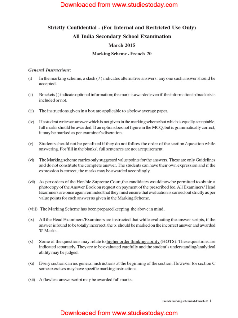 CBSE Class 10 French Question Paper SA2 2015 | PDF