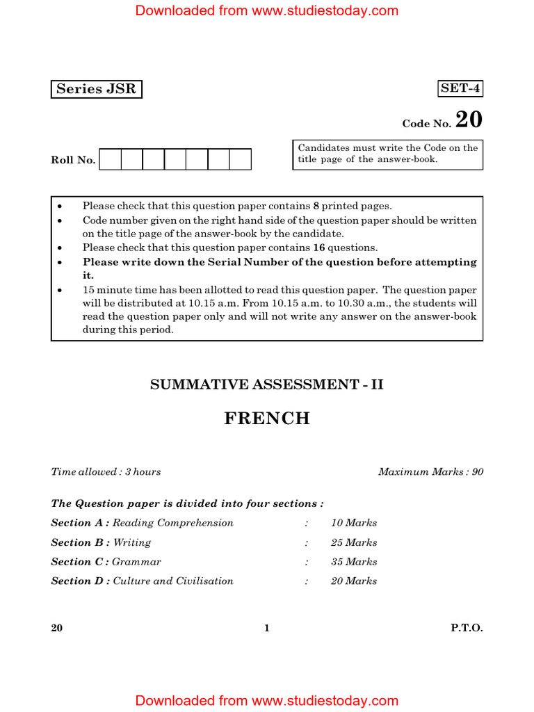 CBSE Class 10 French Question Paper SA2 2016 | PDF
