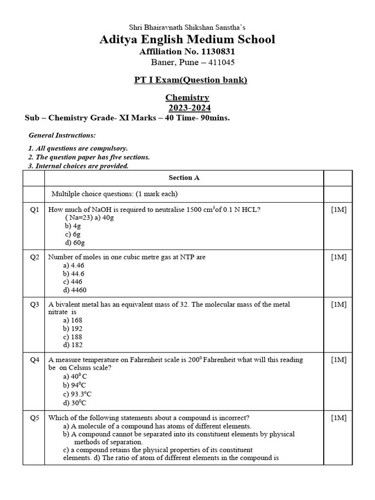 Question Bank PT 1 11th | PDF