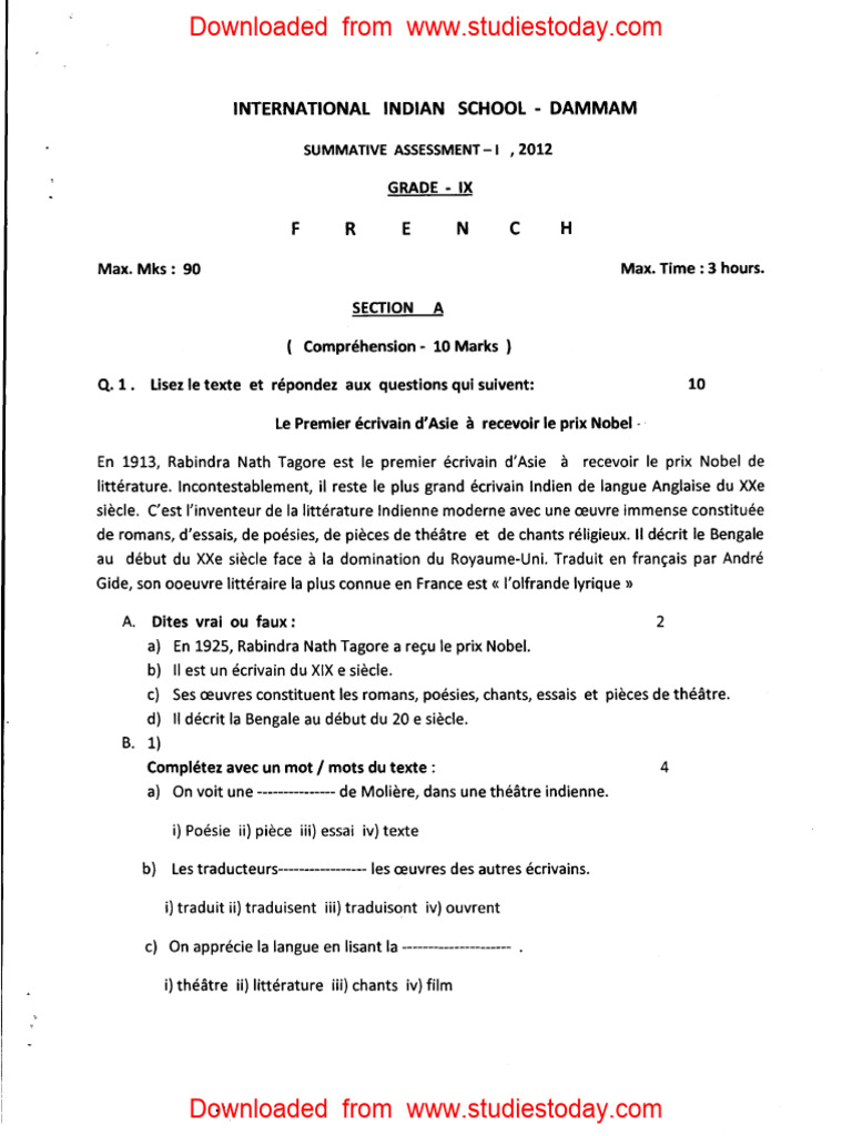 CBSE Class 9 French Question Paper SA1 2012 | PDF | Wellness