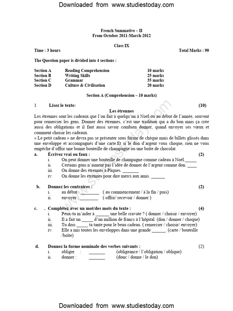 CBSE Class 9 Frensh Sample Paper SA2 | PDF