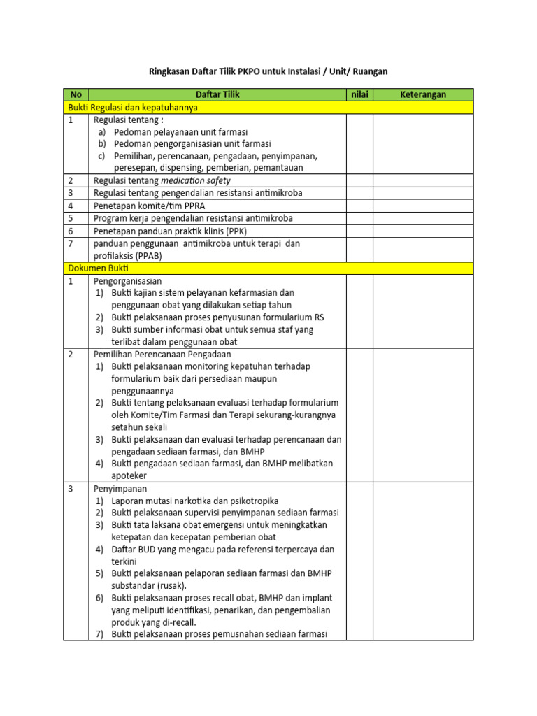 Ringkasan Daftar Tilik PKPO Untuk Instalasi | PDF