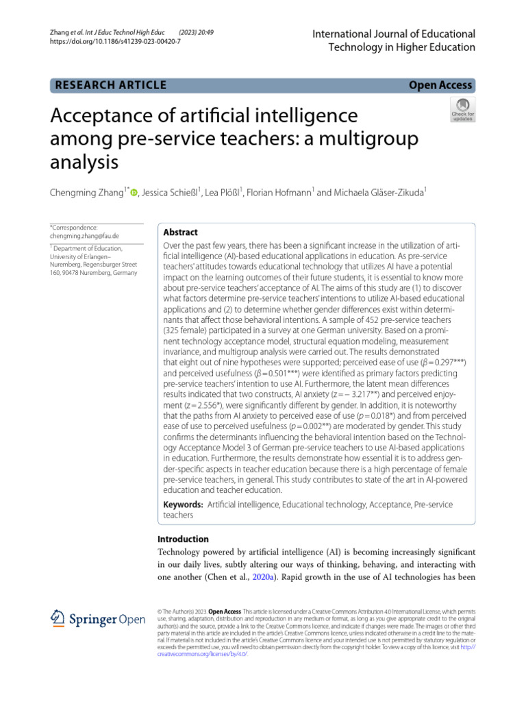 Acceptance of Artificial Intelligence Among Pre-Service Teachers: A Multigroup Analysis | PDF