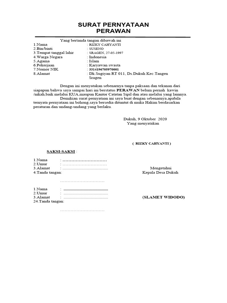 Surat Pernyataan Perawan | PDF