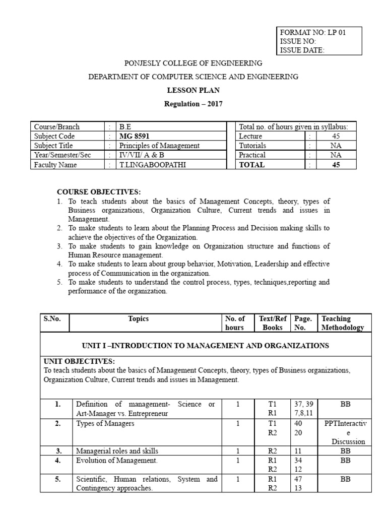 MG8591 Pom Lesson Plan | PDF | Engineering | System