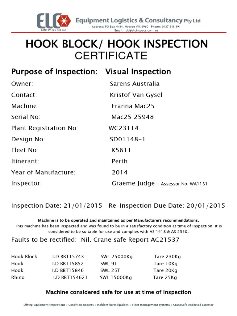 Hook Inspection Certificate | PDF