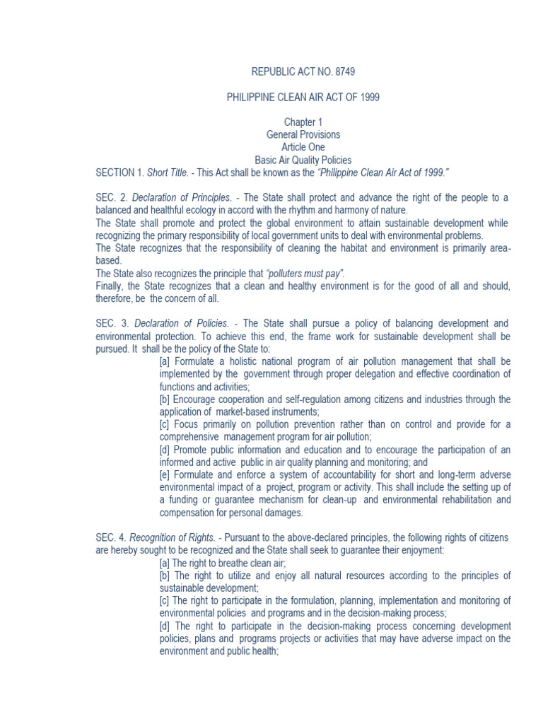 RA 8749 (Clean Air Act of 1999) | PDF | Air Pollution | Emission Standard