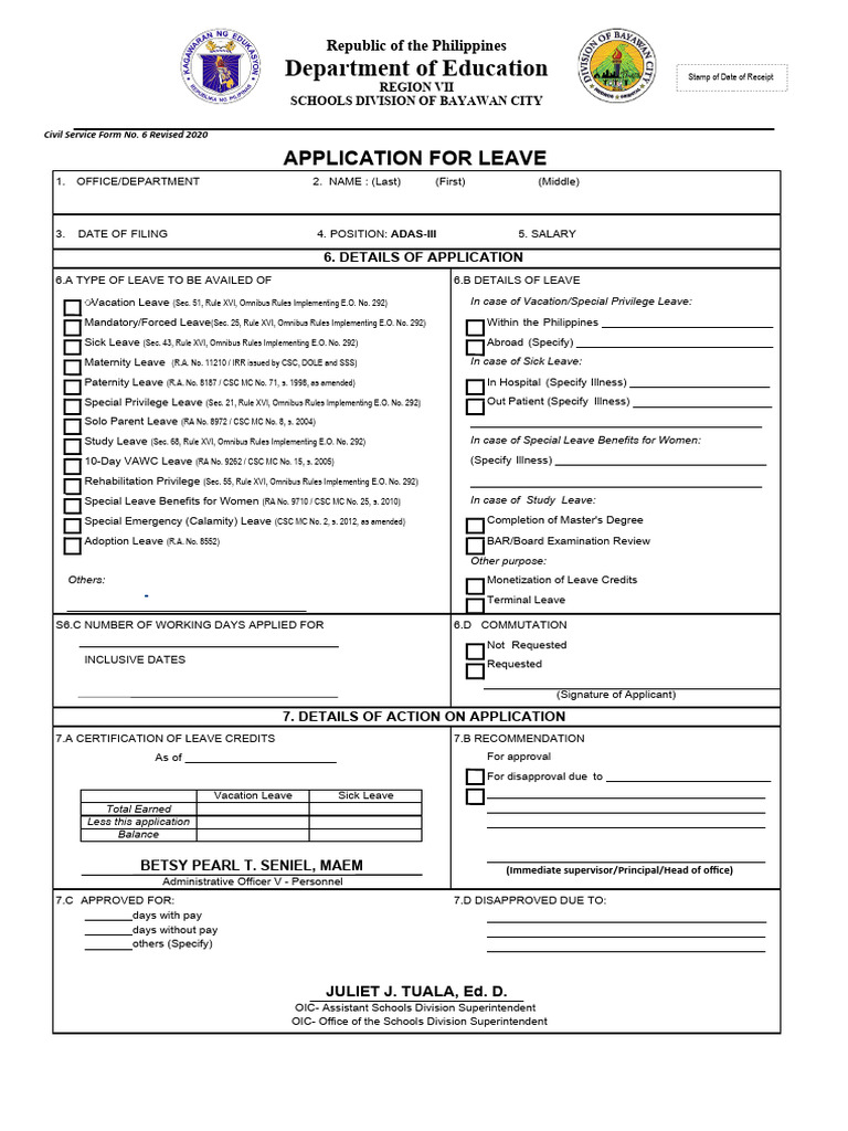 Leave Form CS Form No. 6 Revised 2020 | PDF
