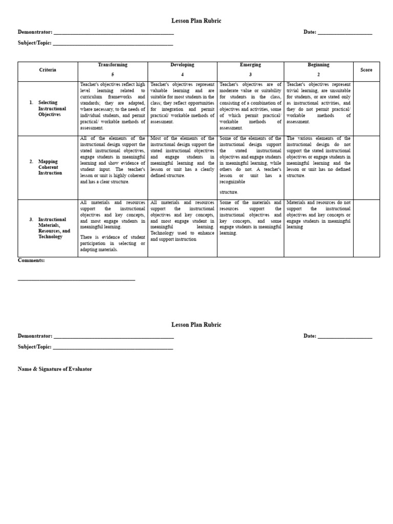 Lesson Plan Rubric - FS 101 1 | PDF