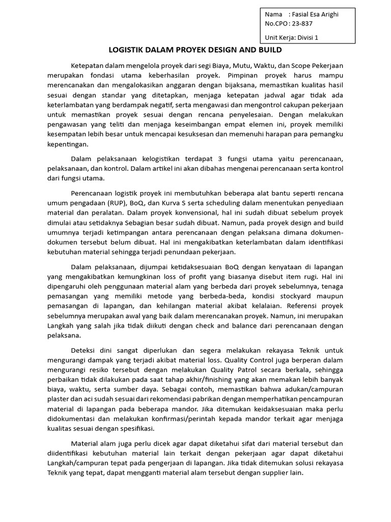 Logistik Dalam Proyek Design and Build | PDF