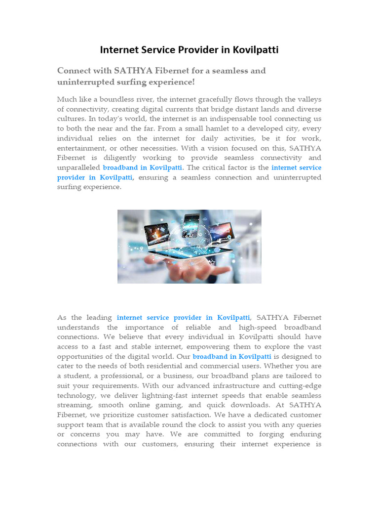 SATHYA Fibernet: Kovilpatti's Top ISP | PDF | Internet | Internet Service Provider